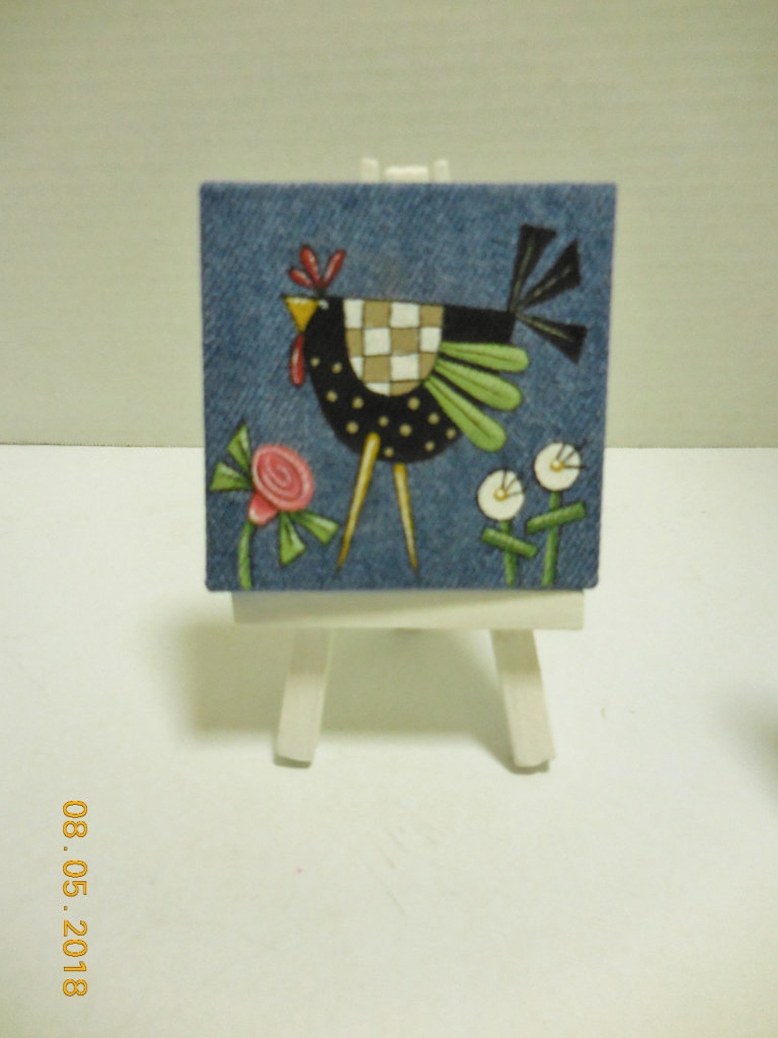Funky Chicken on Mini Denim Canvas With Easel - Etsy
