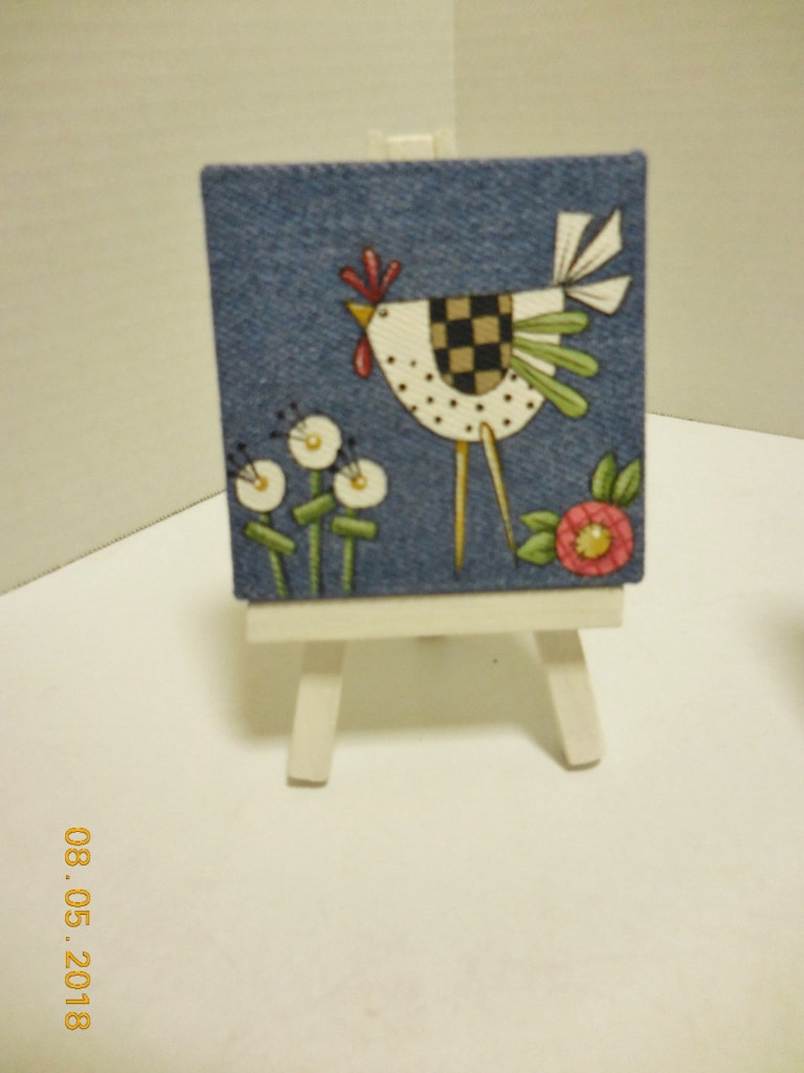 Funky Chicken on Mini Denim Canvas With Easel - Etsy