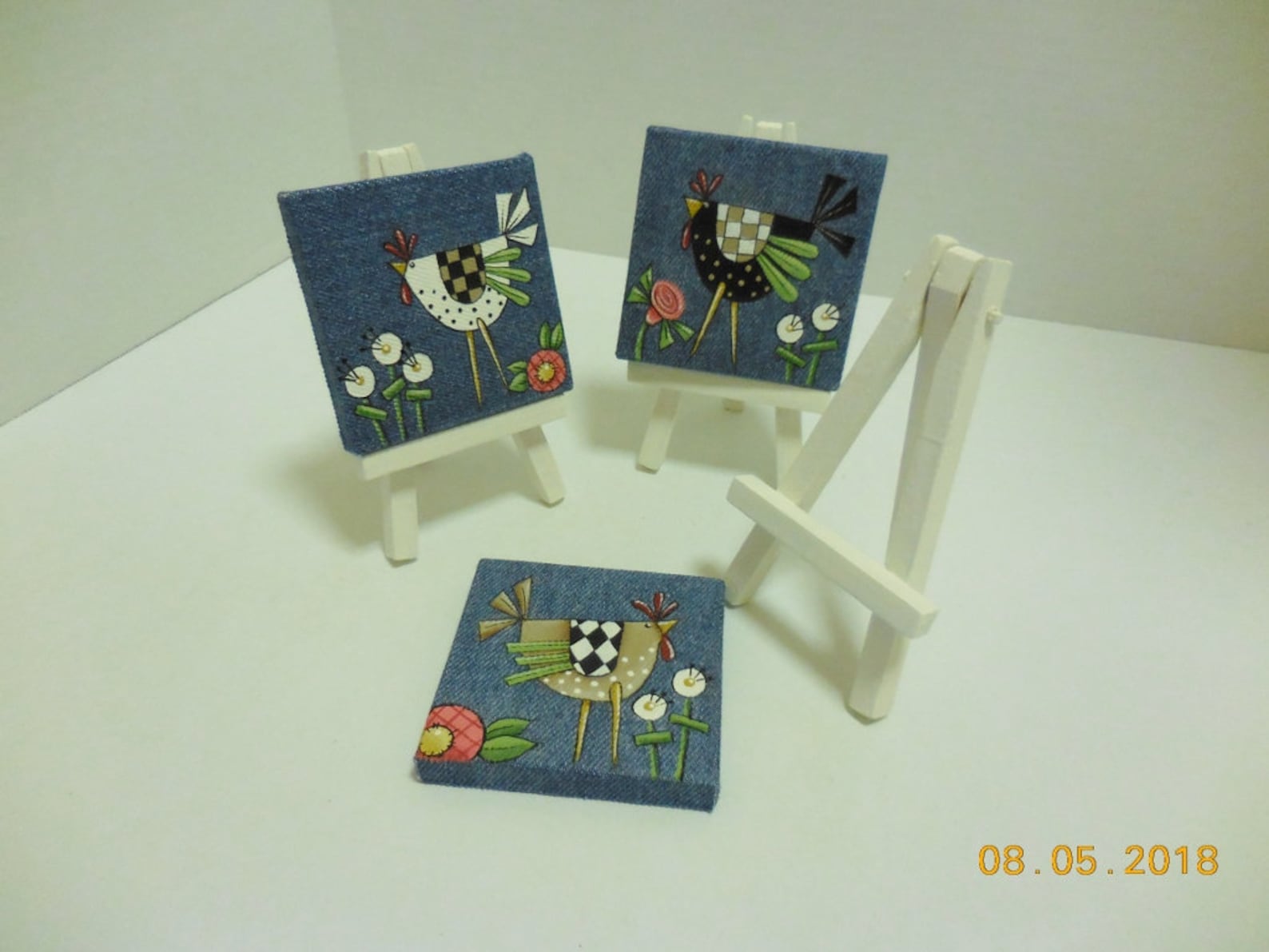Funky Chicken on Mini Denim Canvas With Easel - Etsy