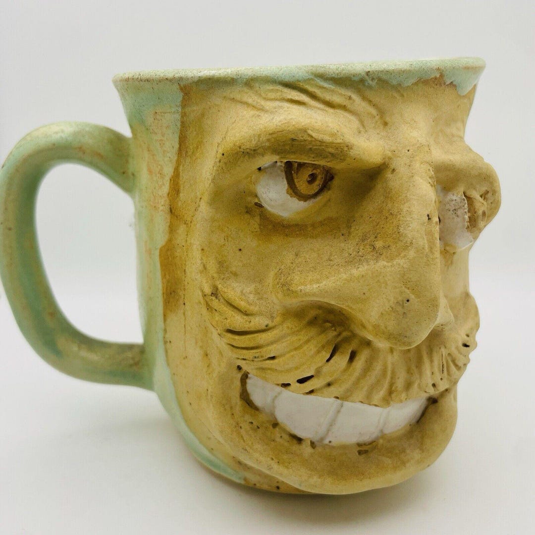 Vintage Ugly Face Mustache Man Light Green Glaze Pottery 3-D Coffee Mug ...