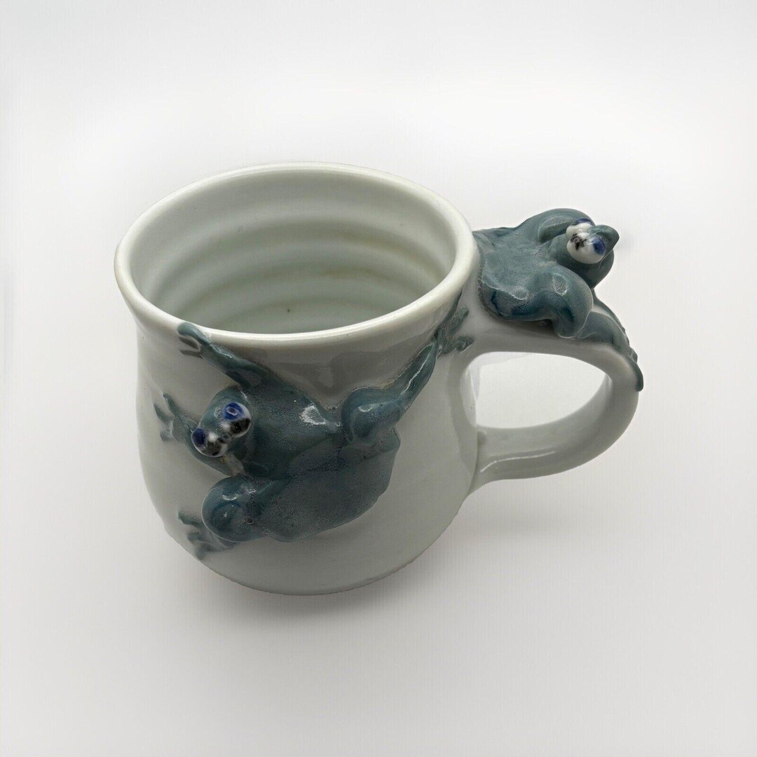Hand Thrown Frog Mug Pottery White Green 3D Blue Eyes Three Frogs ...