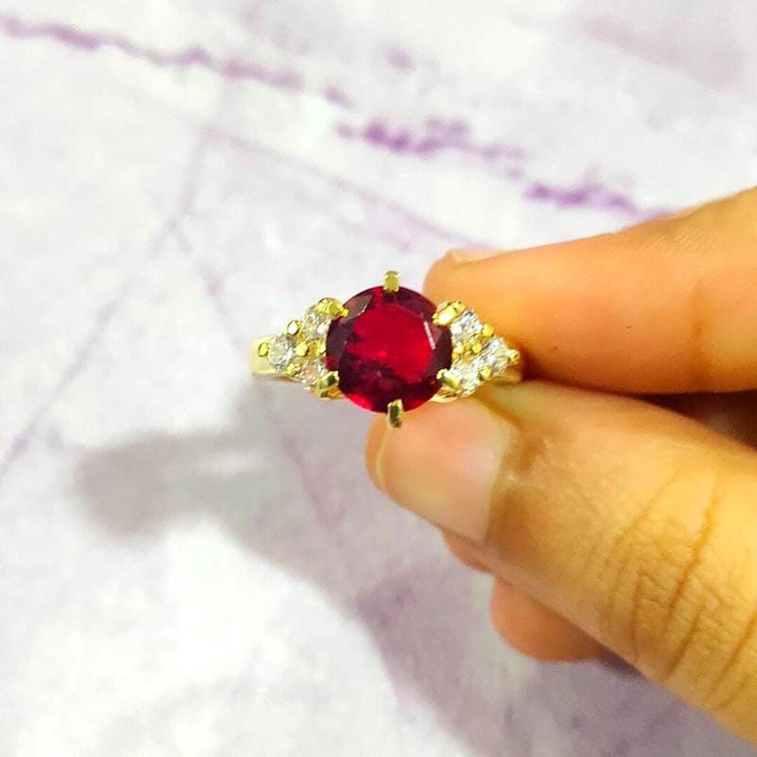 Lab Made Ruby Engagement Ring: 2.30ct Round Cut, 925 Sterling Silver ...