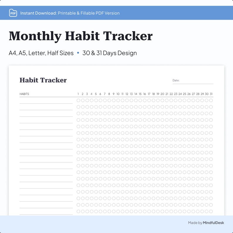 Monthly Habit Tracker | Printable & Fillable Template | Monthly Goal ...