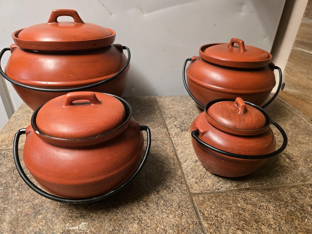 Vintage Set of 4 Ceramic Bean Pots, California USA Pottery, Rust Orange ...