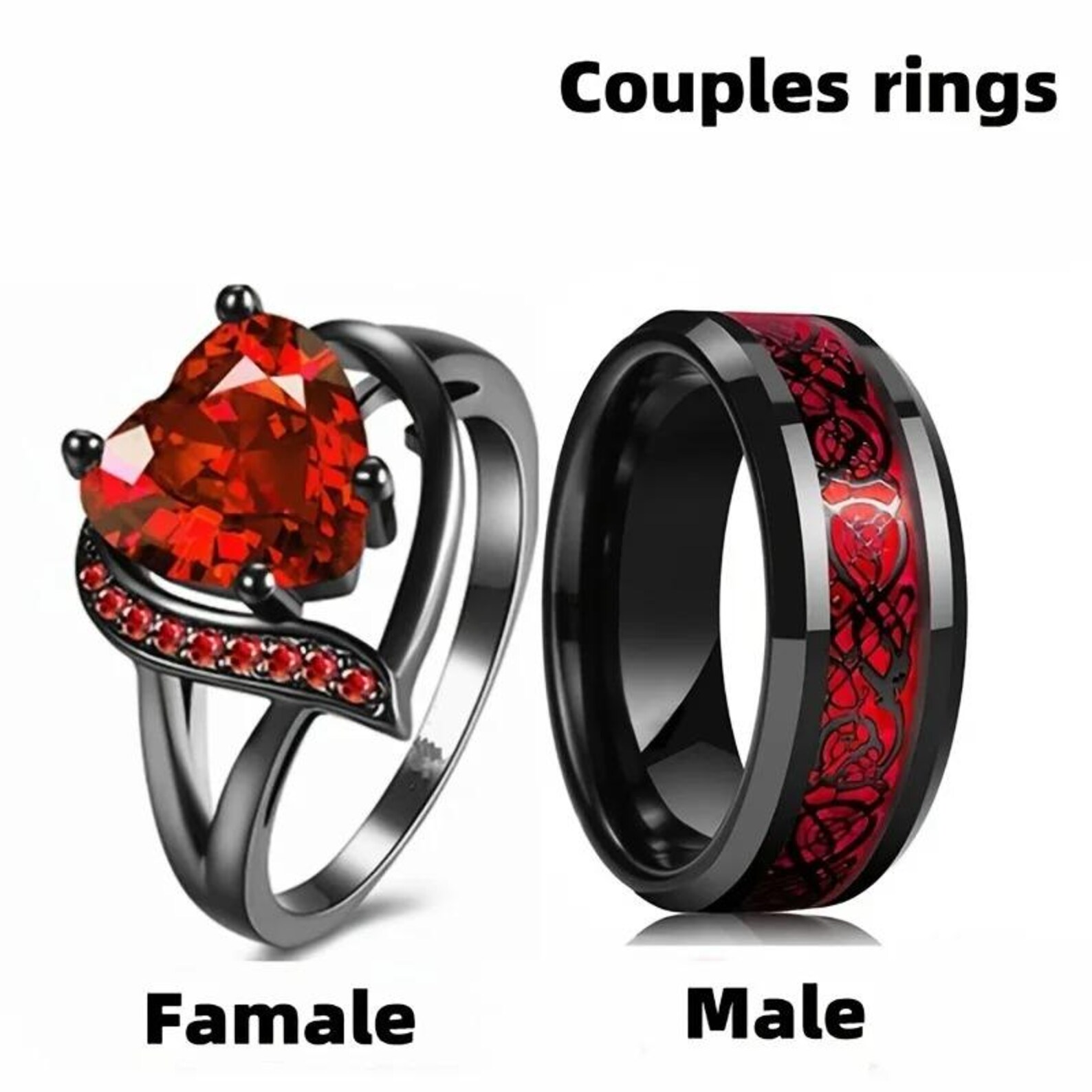 Couple Rings Set – Men’s Celtic Dragon Stainless Steel Ring & Women’s ...