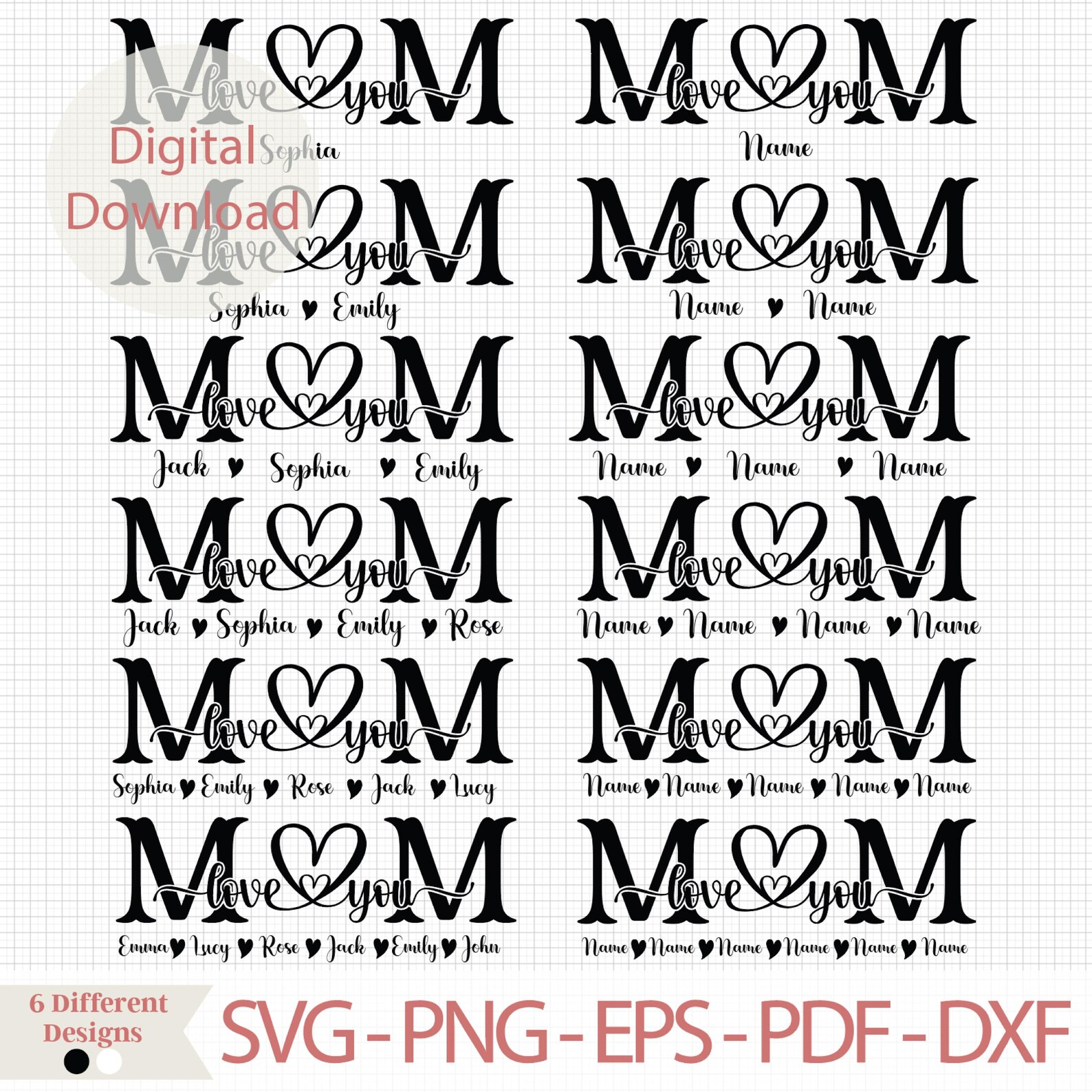 Mom Split Name Frame Svg, Mom With Kids Names Svg, Mom Monogram Svg Png ...