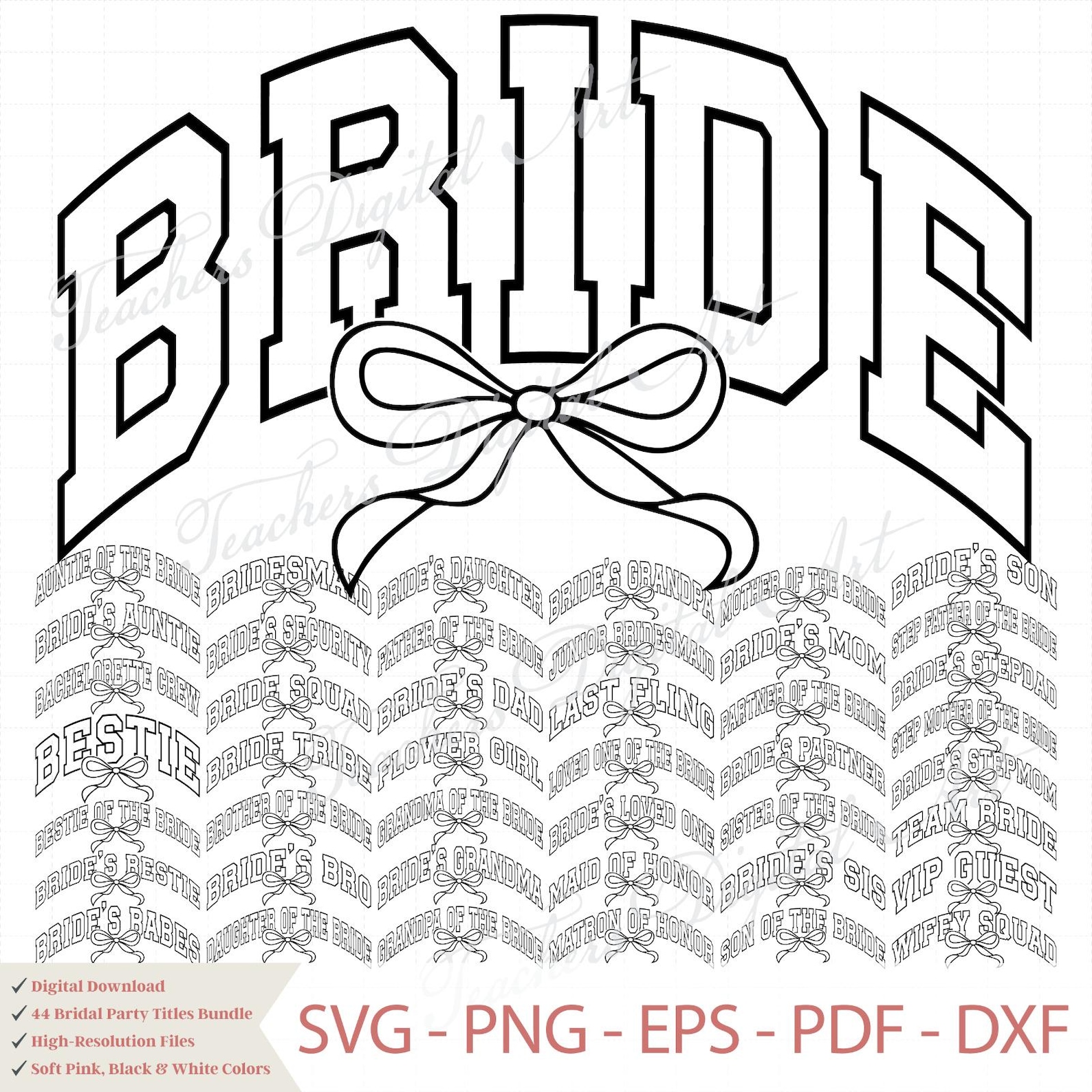Bridal Party Titles SVG PNG Bundle, Varsity Bride With Bow Svg, Maid of ...