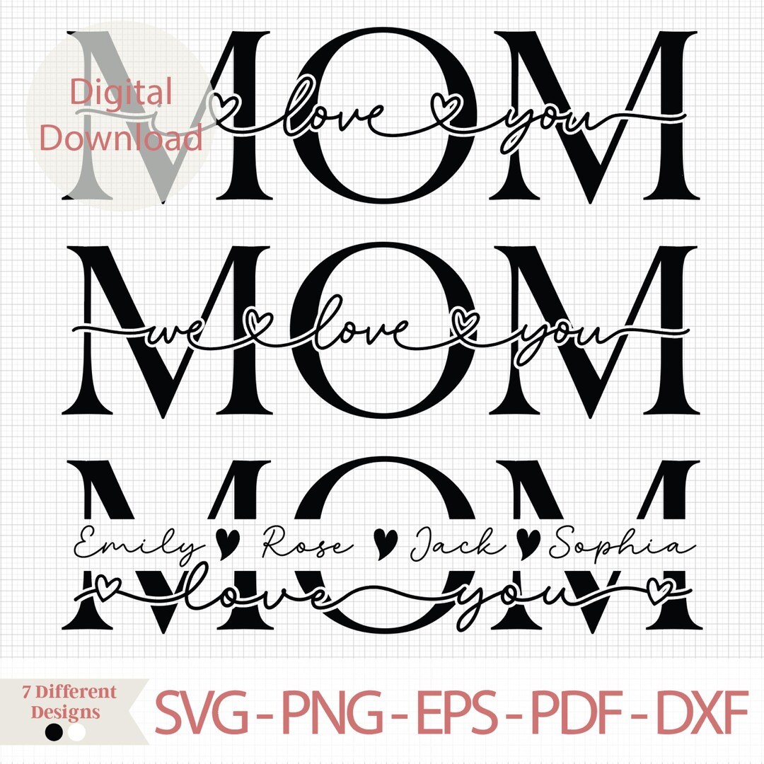 Mom Split Name Frame Svg, Mom With Kids Names Svg, Mom Monogram Svg Png ...