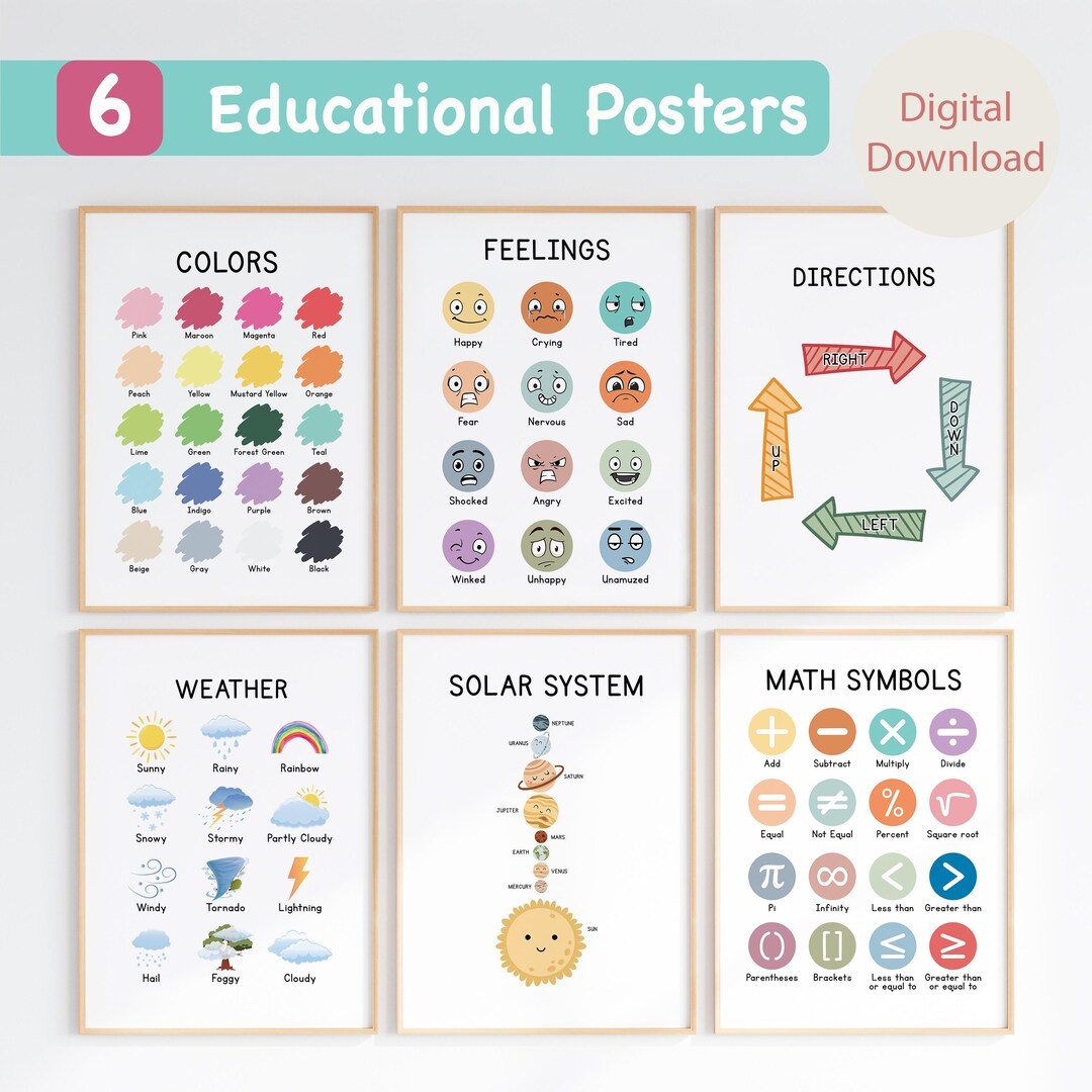 Set of 6 Printable Educational Posters, Preschool & Elementary Learning ...