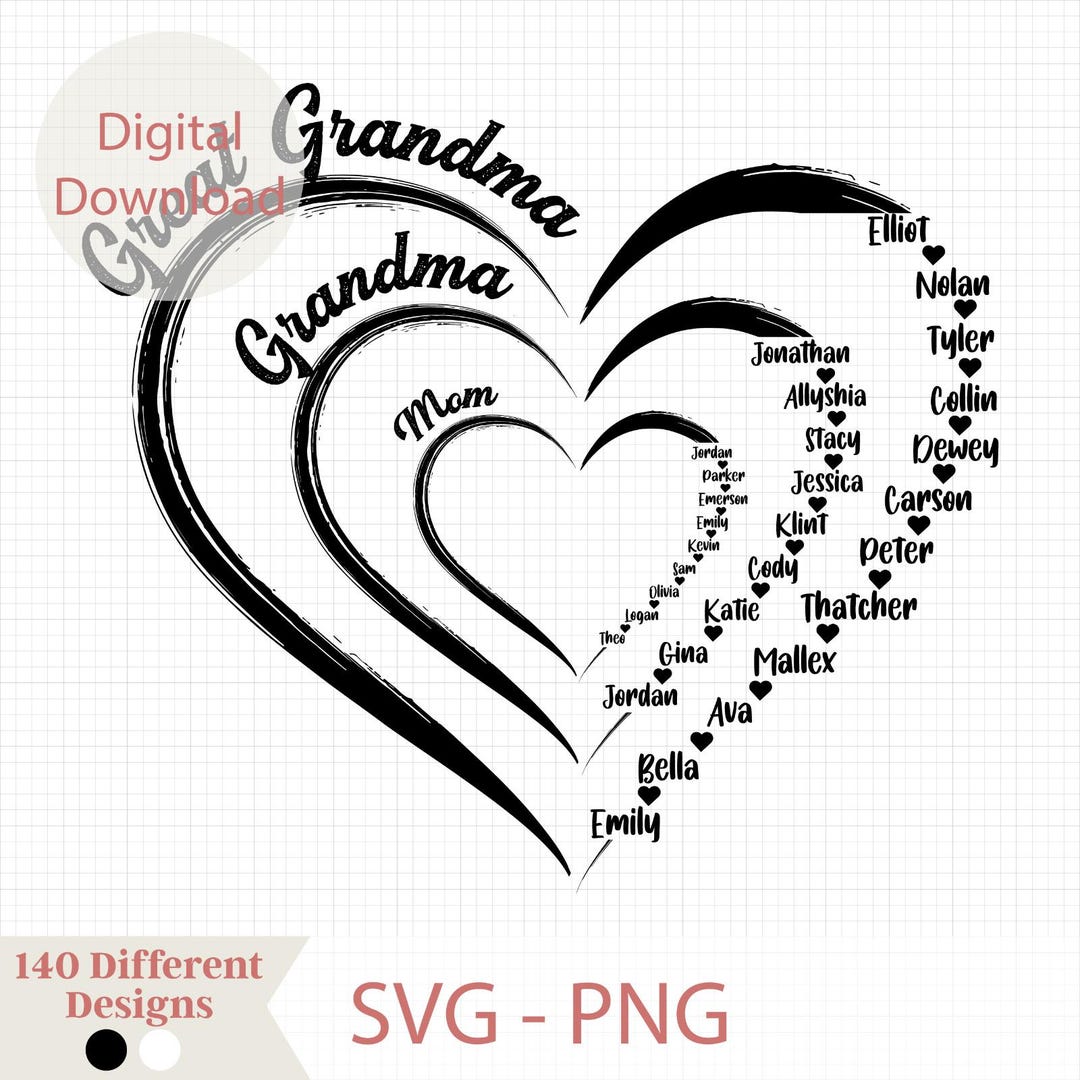 Heart Kid Name Grandma Mom, Customized Heart Svg Png, Mothers Day Png ...