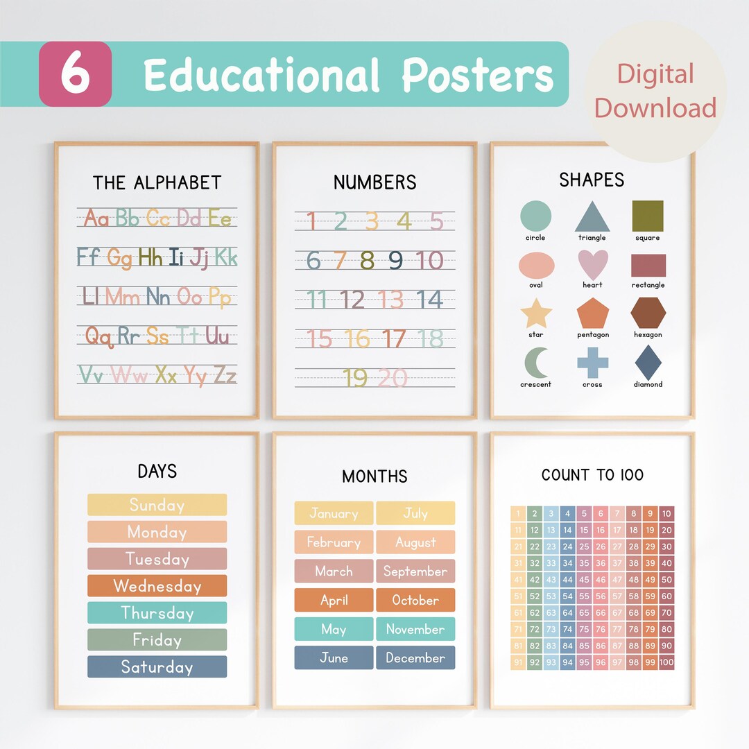Set of 6 Printable Educational Posters, Preschool & Elementary Learning ...