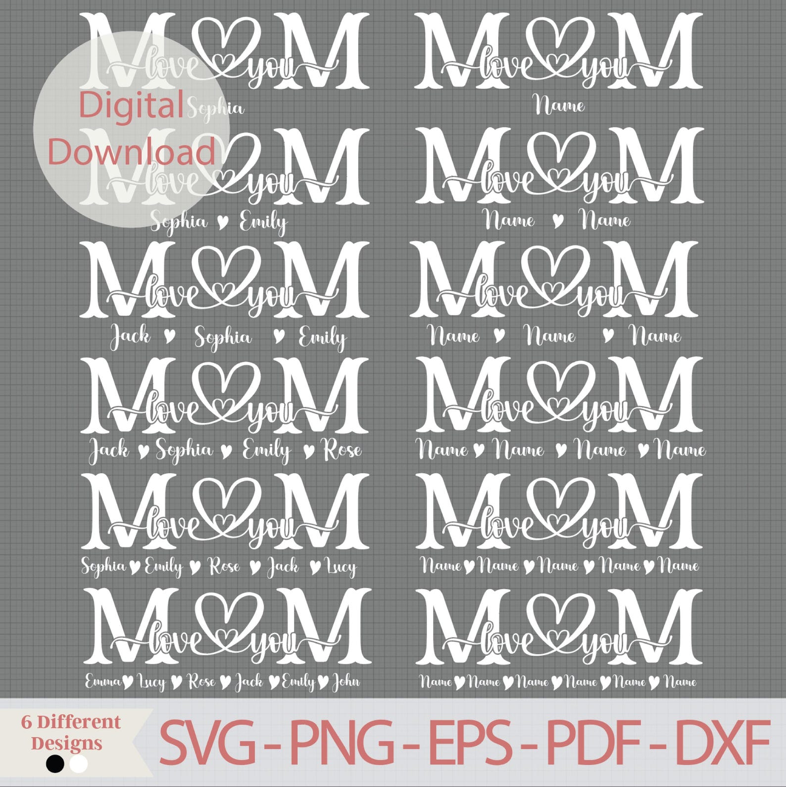 Mom Split Name Frame Svg, Mom With Kids Names Svg, Mom Monogram Svg Png ...