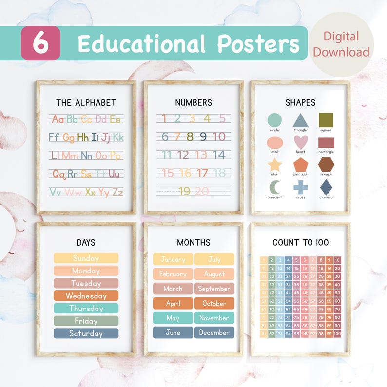Set of 6 Printable Educational Posters, Preschool & Elementary Learning ...