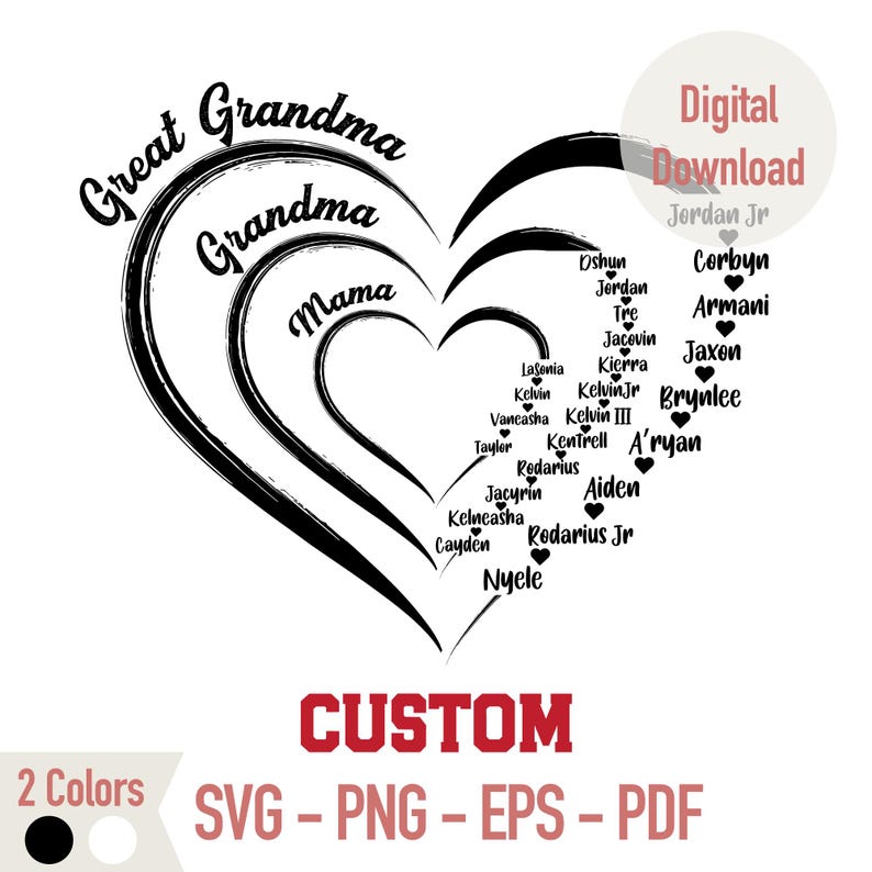 Custom Heart Family Name SVG, Personalized Grandma Mom SVG Bundle ...