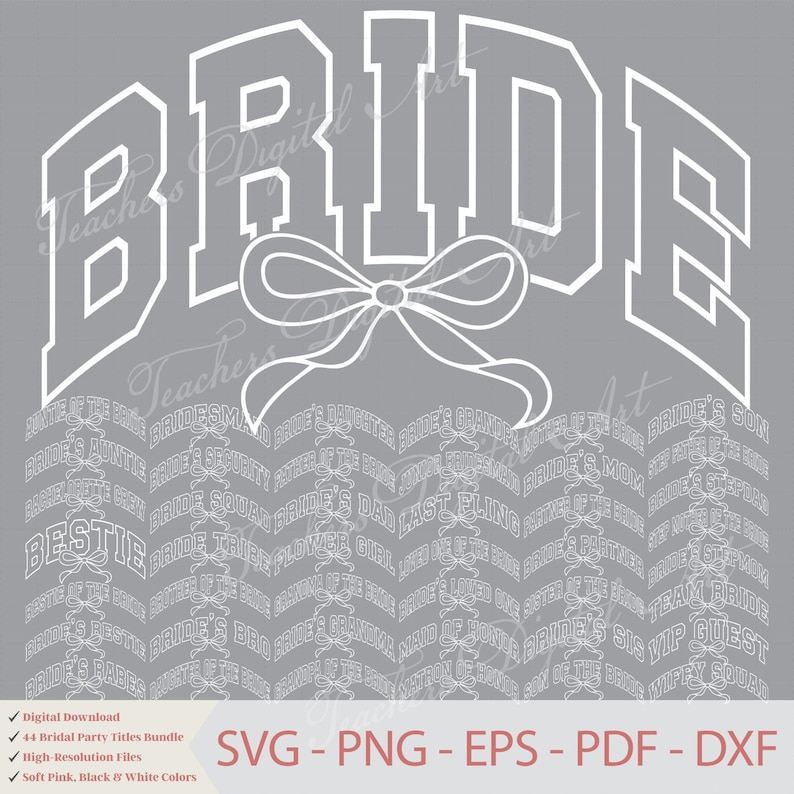 Bridal Party Titles SVG PNG Bundle, Varsity Bride With Bow Svg, Maid of ...