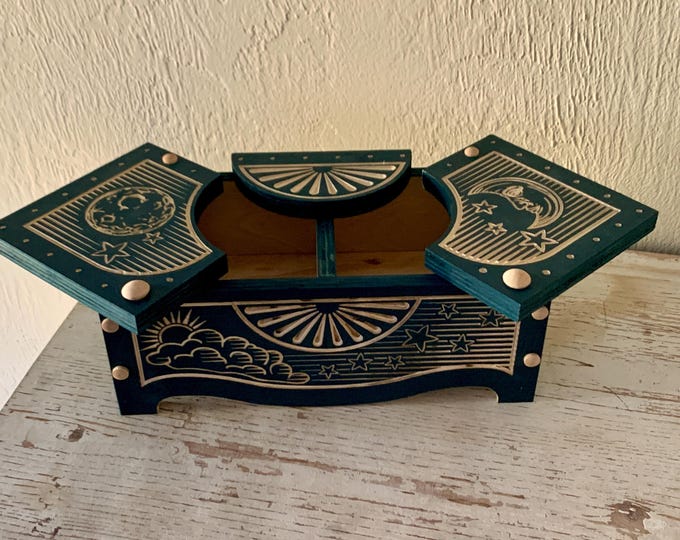 Moon & Stars Lunar Engraved Wood Jewelry Valet Box With Pivoting Lids ...