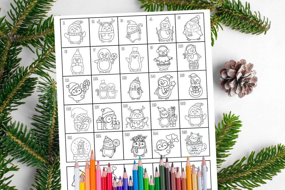 25+10 PENGUIN / Christmas Countdown / Coloring Digital Advent Calendar ...