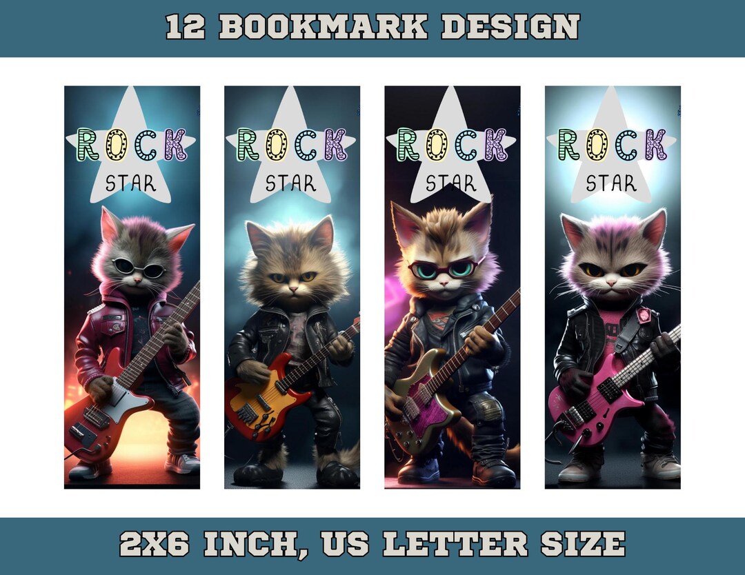 Rockstar Cat Printable Bookmarks, Book Lovers Designs, Digital Letter ...