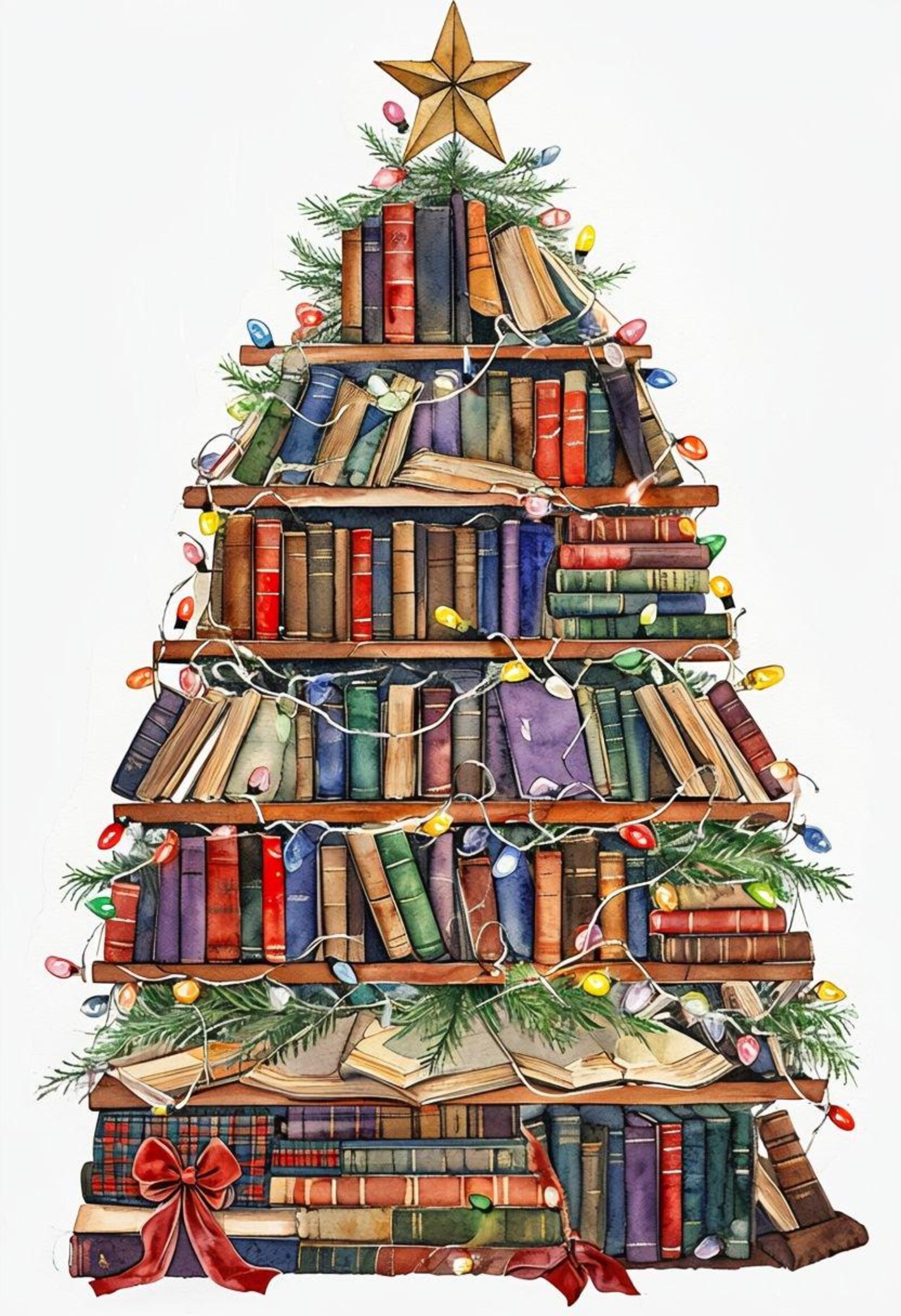 Christmas Tree Made of Books Watercolor - Digital Print - Etsy