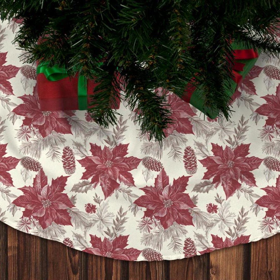 Vintage Toile Christmas Tree Skirt - Monochrome Deep Red Holiday Design ...