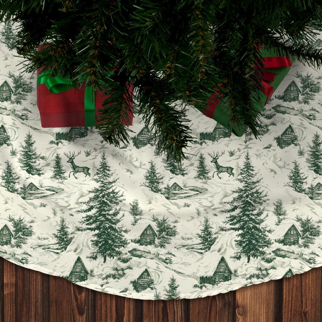 Vintage Toile Christmas Tree Skirt - Monochrome Deep Green Holiday ...