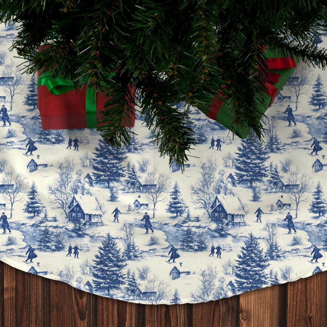 Vintage Toile Christmas Tree Skirt - Monochrome Deep Blue Holiday ...
