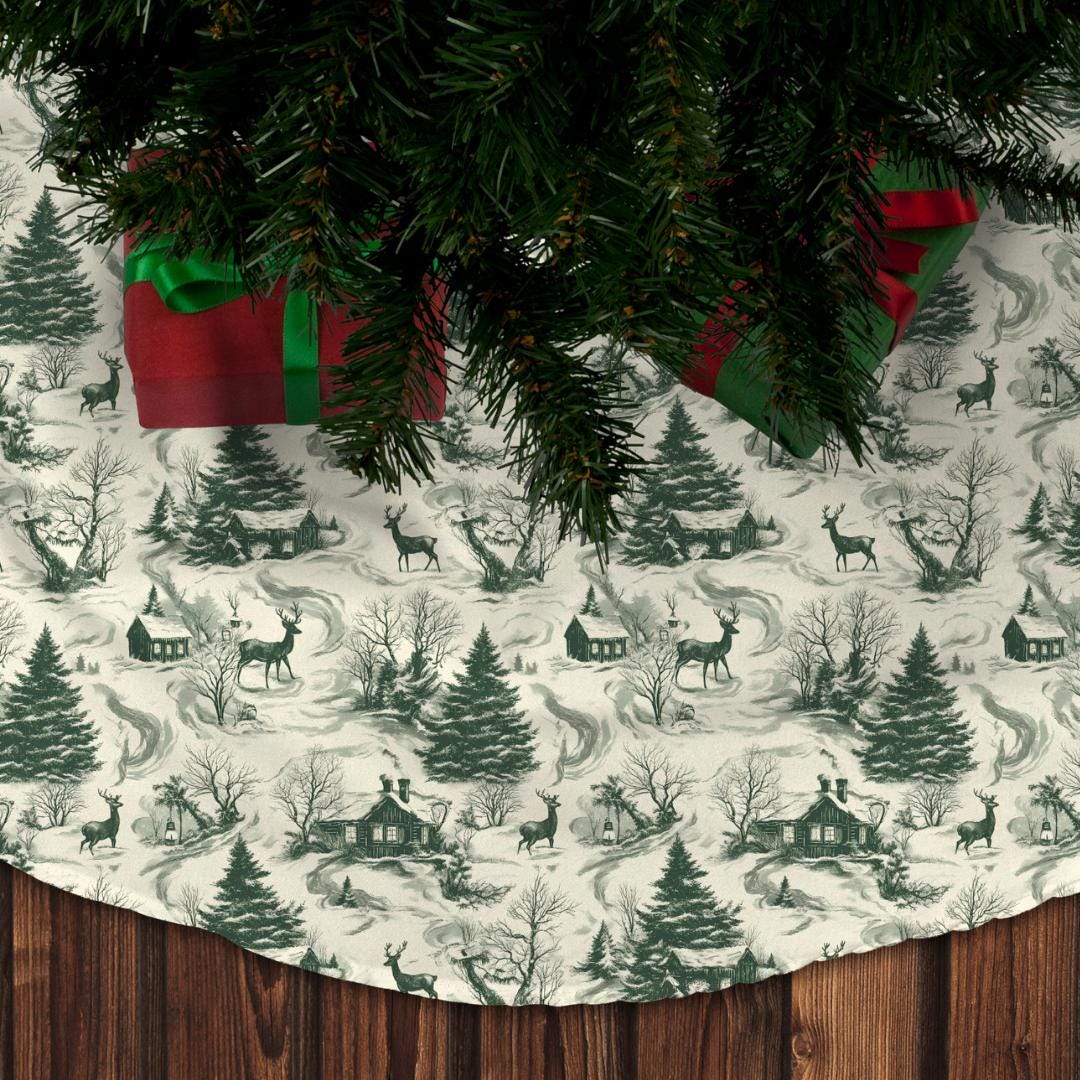 Vintage Toile Christmas Tree Skirt - Monochrome Deep Green Holiday ...