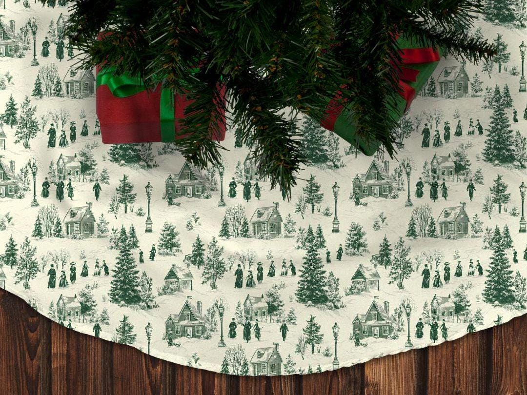 Vintage Toile Christmas Tree Skirt - Monochrome Deep Green Holiday ...