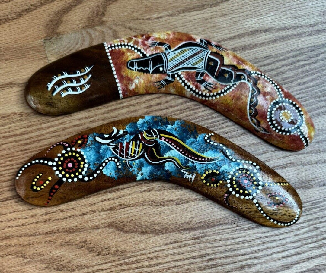 2 Australian Boomerangs Aboriginal Art Birubi 8 Wood Hand-painted ...