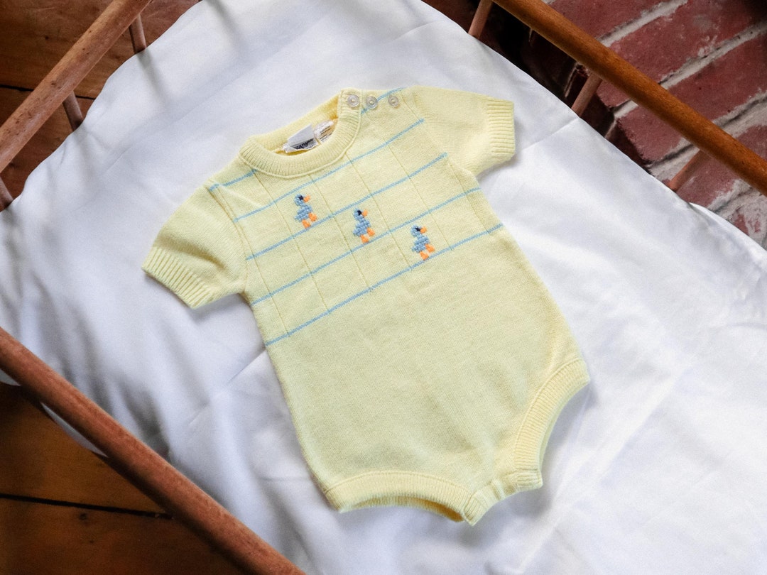 Vintage 1970s Baby Outfit Soft Yellow Knit Romper With Embroidered ...