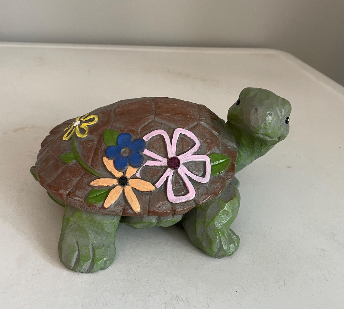 Hand-painted Cement Turtle Garden Statue: Floral Concrete Figurine ...