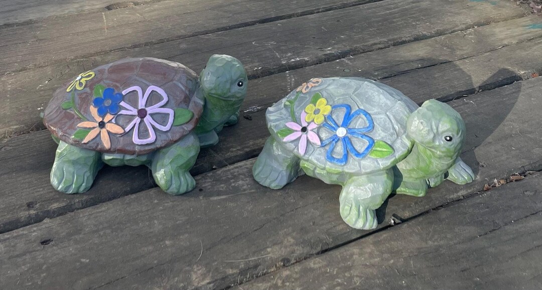 Hand-painted Cement Turtle Garden Statue: Floral Concrete Figurine ...