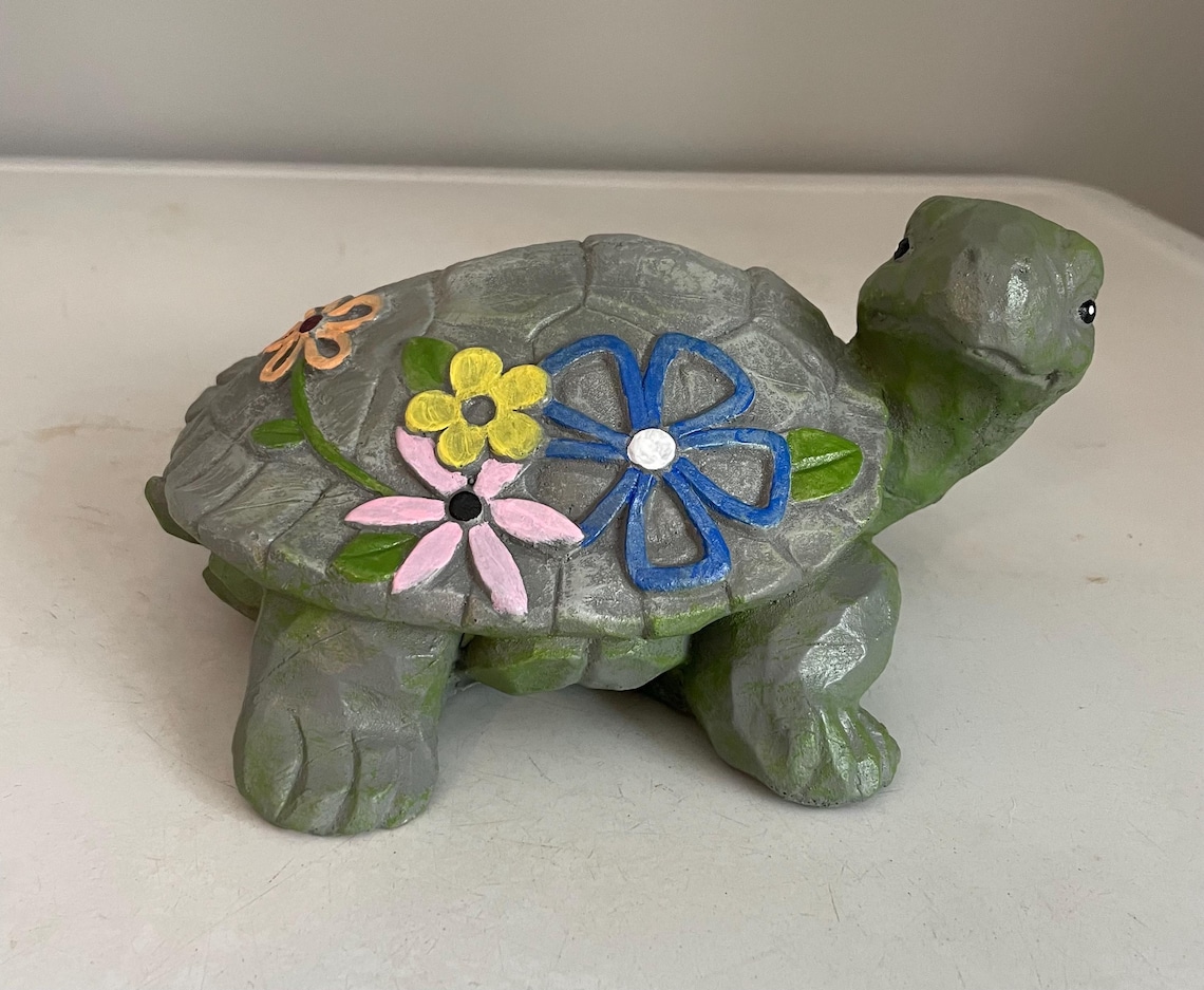 Hand-painted Cement Turtle Garden Statue: Floral Concrete Figurine ...