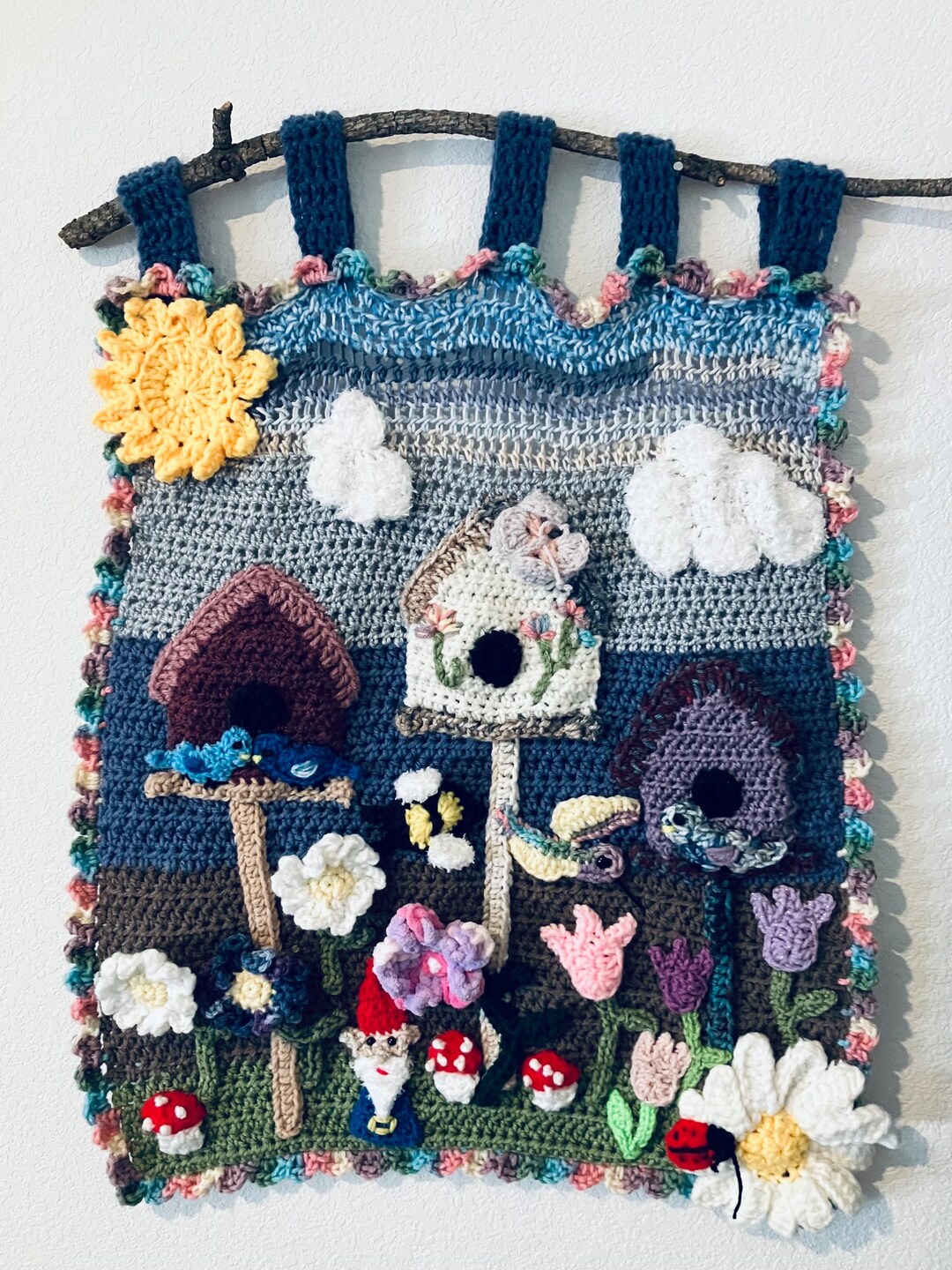 Crochet Wall Hanging – Spring Garden Scene With Birdhouses, Flowers ...