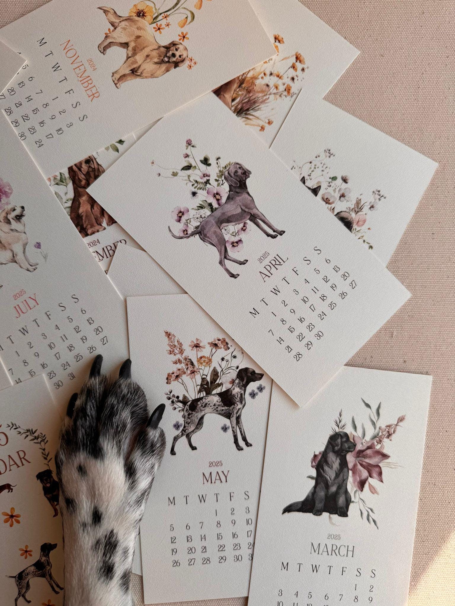 Dog Lovers Desk Calendar With Wooden Stand, Cute Dog Design Illustrated ...