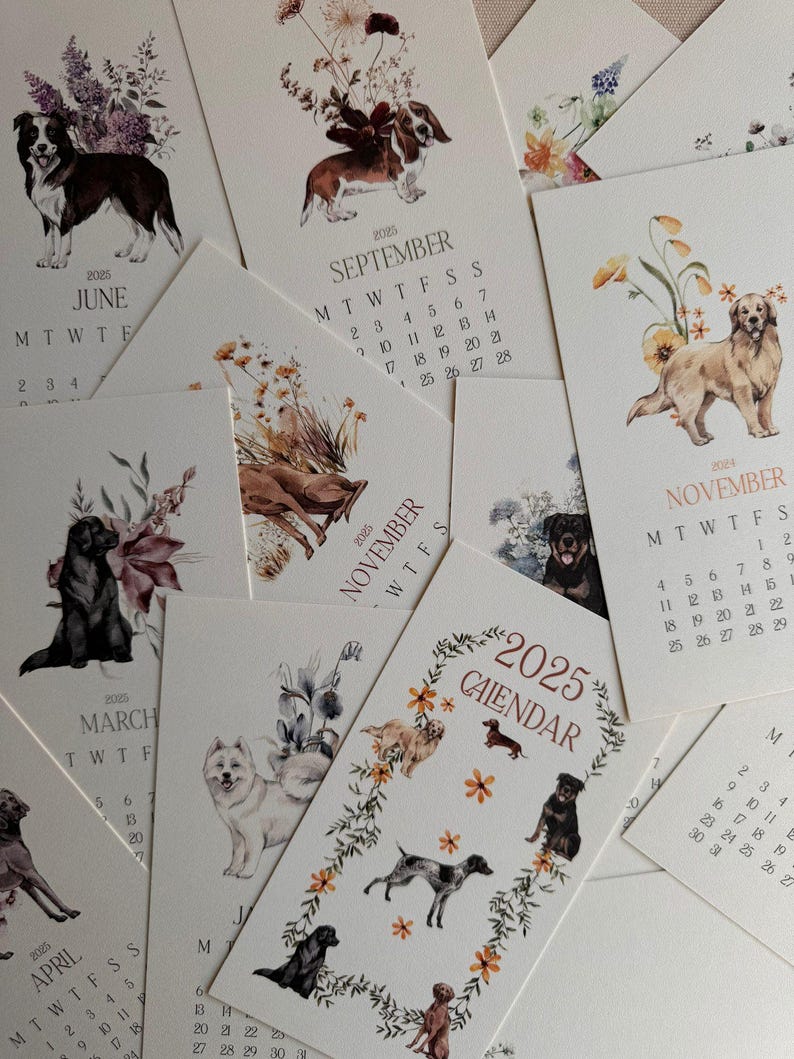 Dog Lovers Desk Calendar With Wooden Stand, Cute Dog Design Illustrated ...