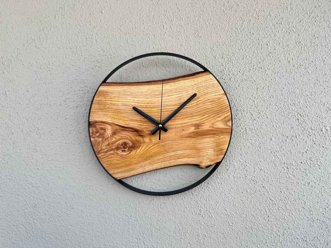 Chestnut Wood Wall Clock With Black Metal Ring: Minimalist Home Decor ...