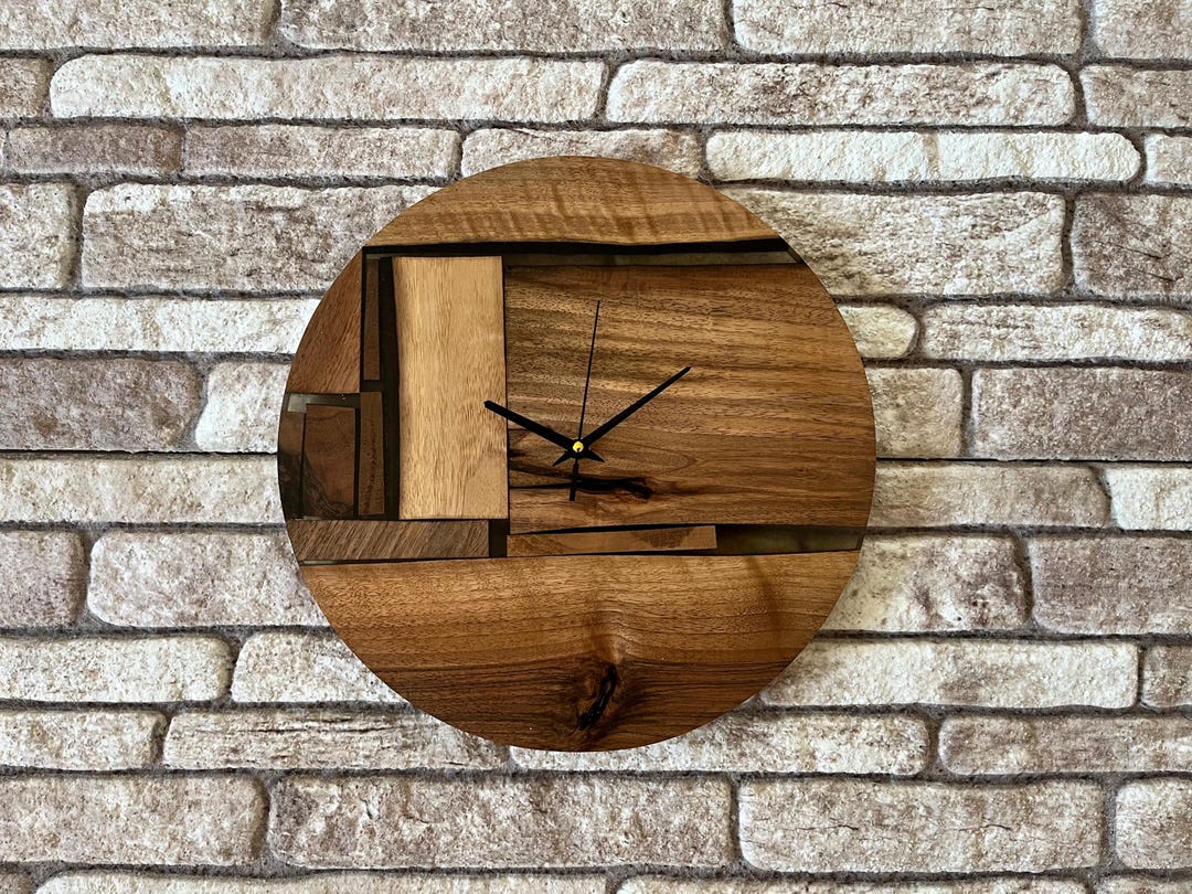 Walnut Wood Wall Clock With Smoke Epoxy Tetris Design – Unique Modern ...