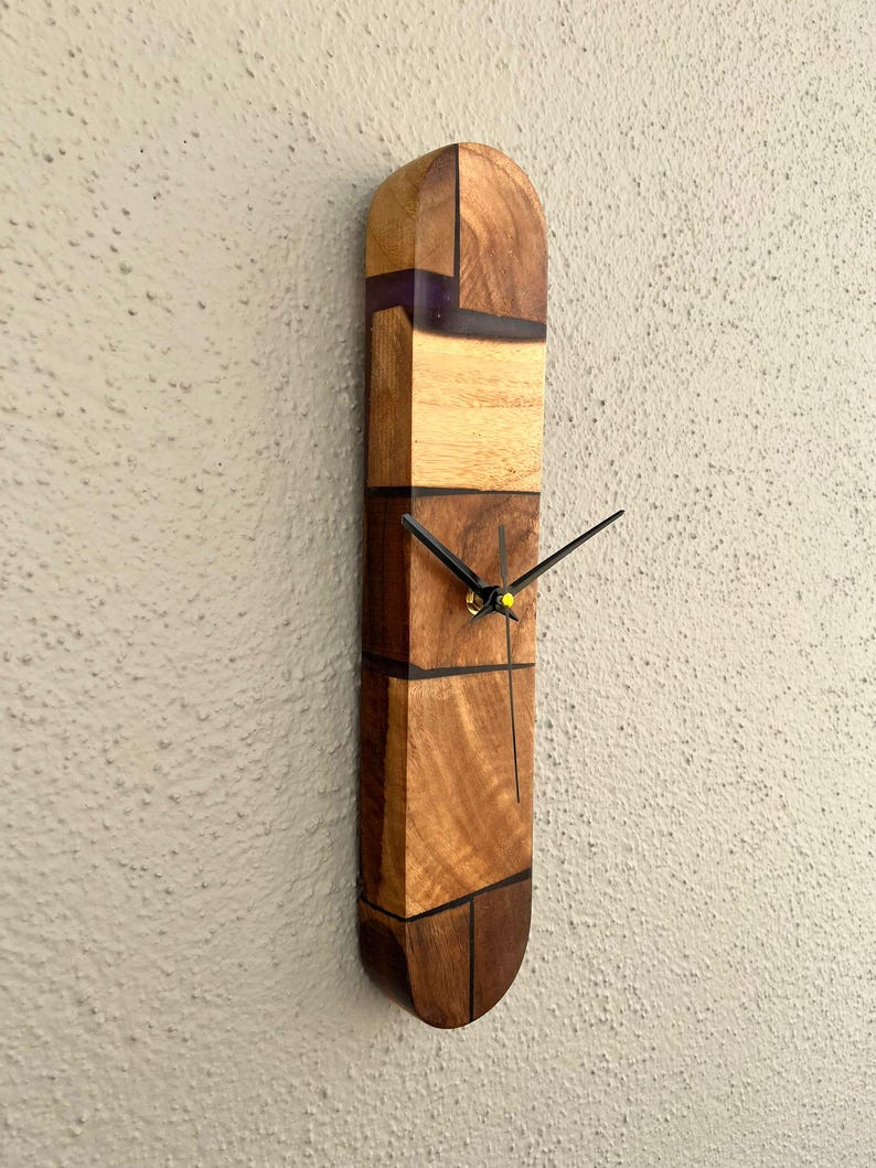 Handmade Slim Walnut Wall Clock: Smoky Epoxy Inlay, Vertical Wood ...