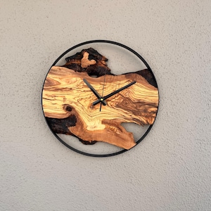 Handcrafted Olive Wood Wall Clock With Black Frame: Rustic Modern Decor ...