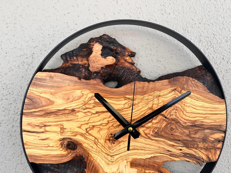 Handcrafted Olive Wood Wall Clock With Black Frame: Rustic Modern Decor ...