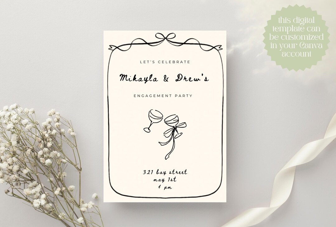 Handwritten Bow Engagement Invite, Simple Trendy Engaged Invitation ...