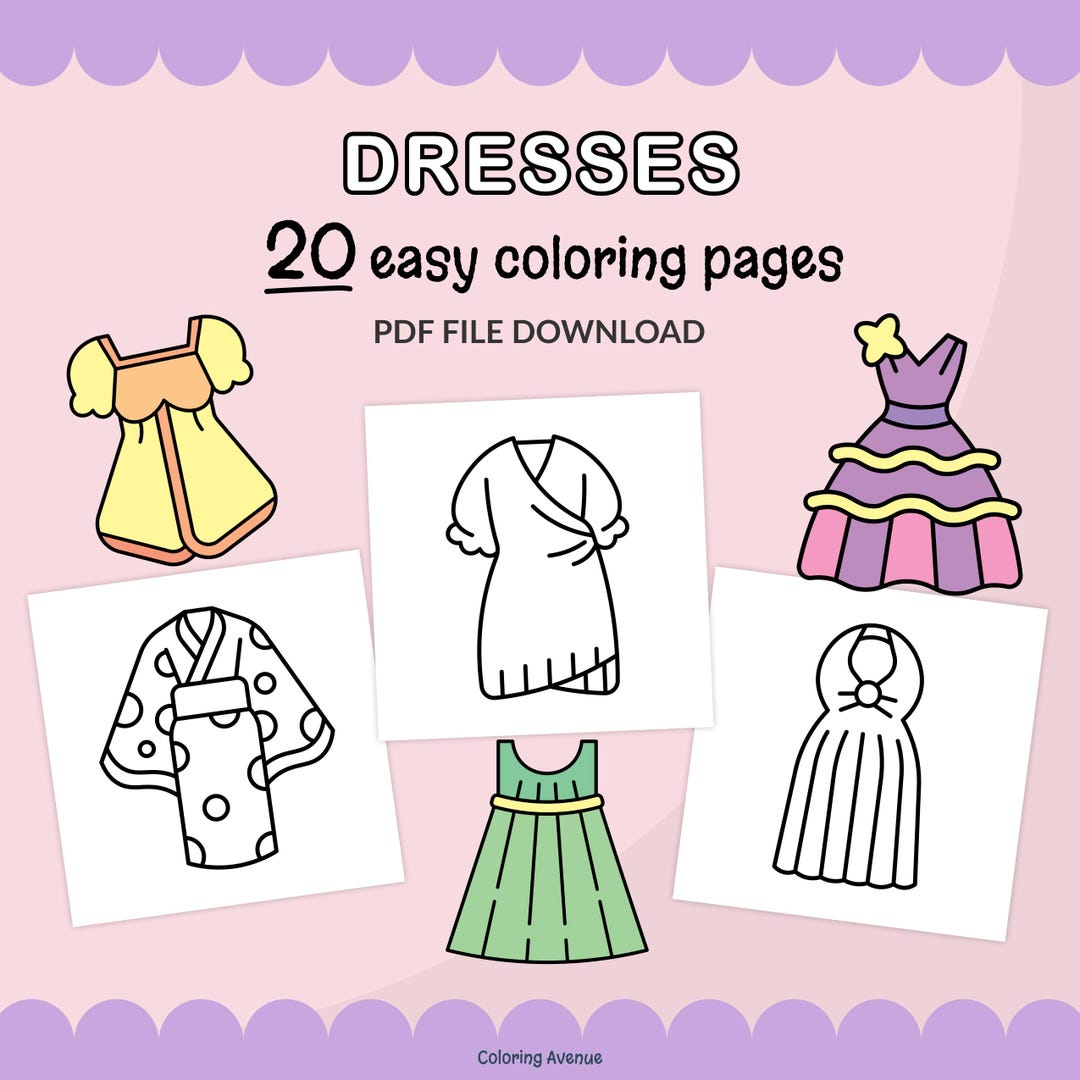 Dresses Coloring Pages | Set of 20 Super Cute Bold and Easy Coloring ...