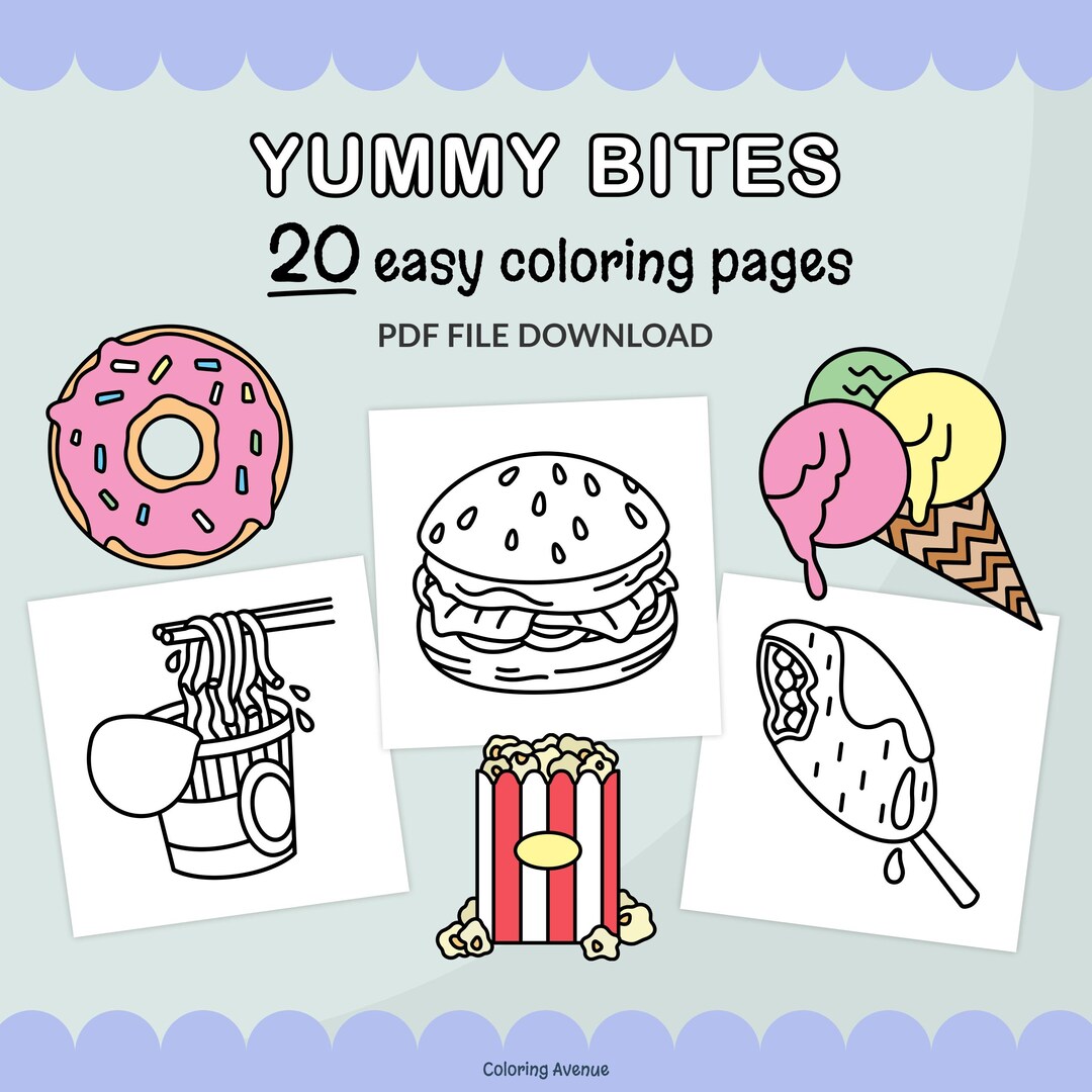 Yummy Bites Coloring Pages | Set of 20 Super Cute Bold and Easy ...