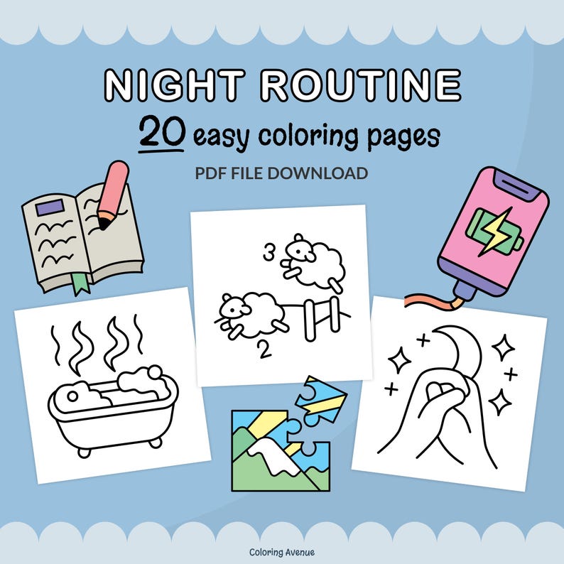 Night Routine Coloring Pages | Set of 20 Super Cute Bold and Easy ...