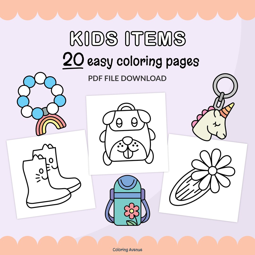 Kids Items Coloring Pages | Set of 20 Super Cute Bold and Easy Coloring ...