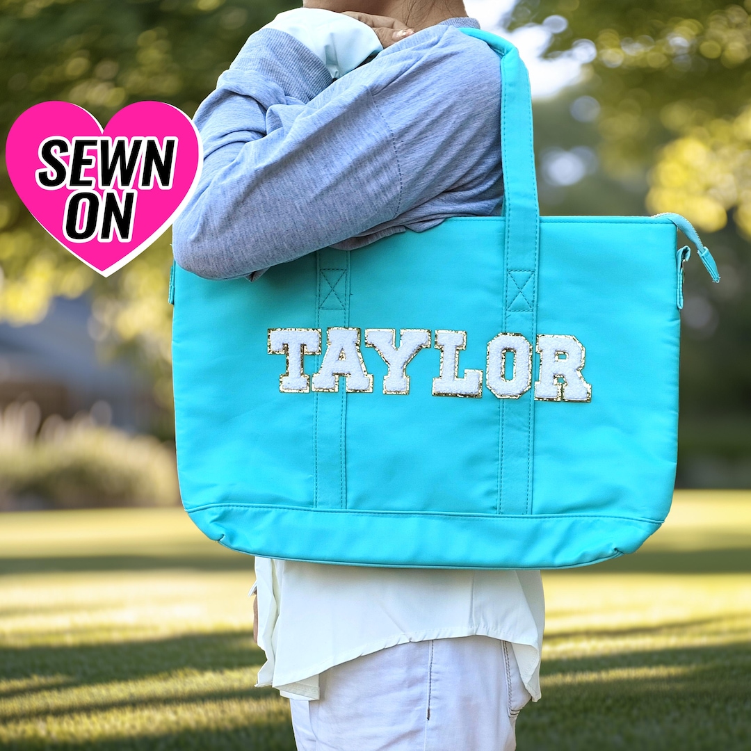 Custom Tote Bag Sewn on Patches Personalized Nylon Tote Bag Chenille ...