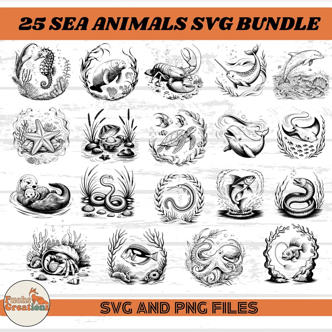 Sea Animals SVG Bundle: Engraved Ocean Creatures Clipart (digital ...
