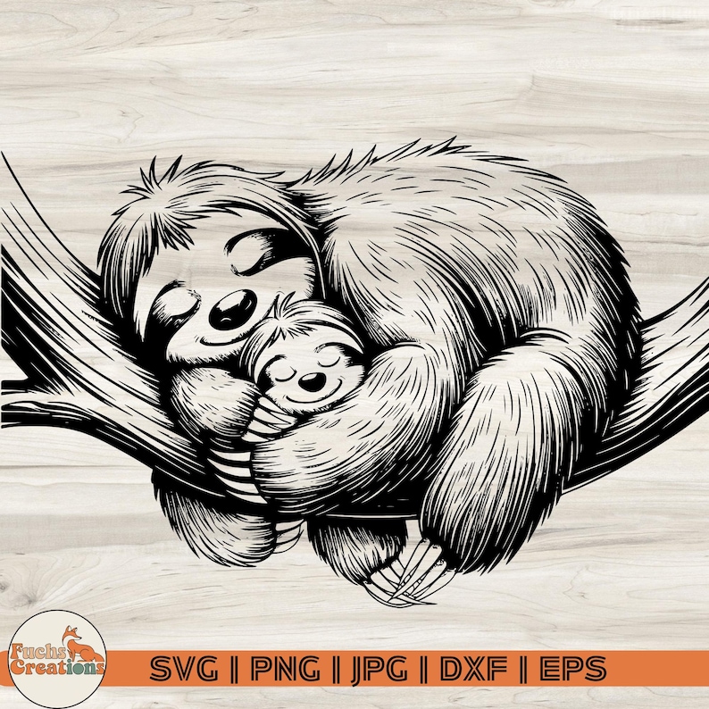 Sloth Mom and Baby SVG, Cute Sloth Baby PNG, Engraving Style Animal ...