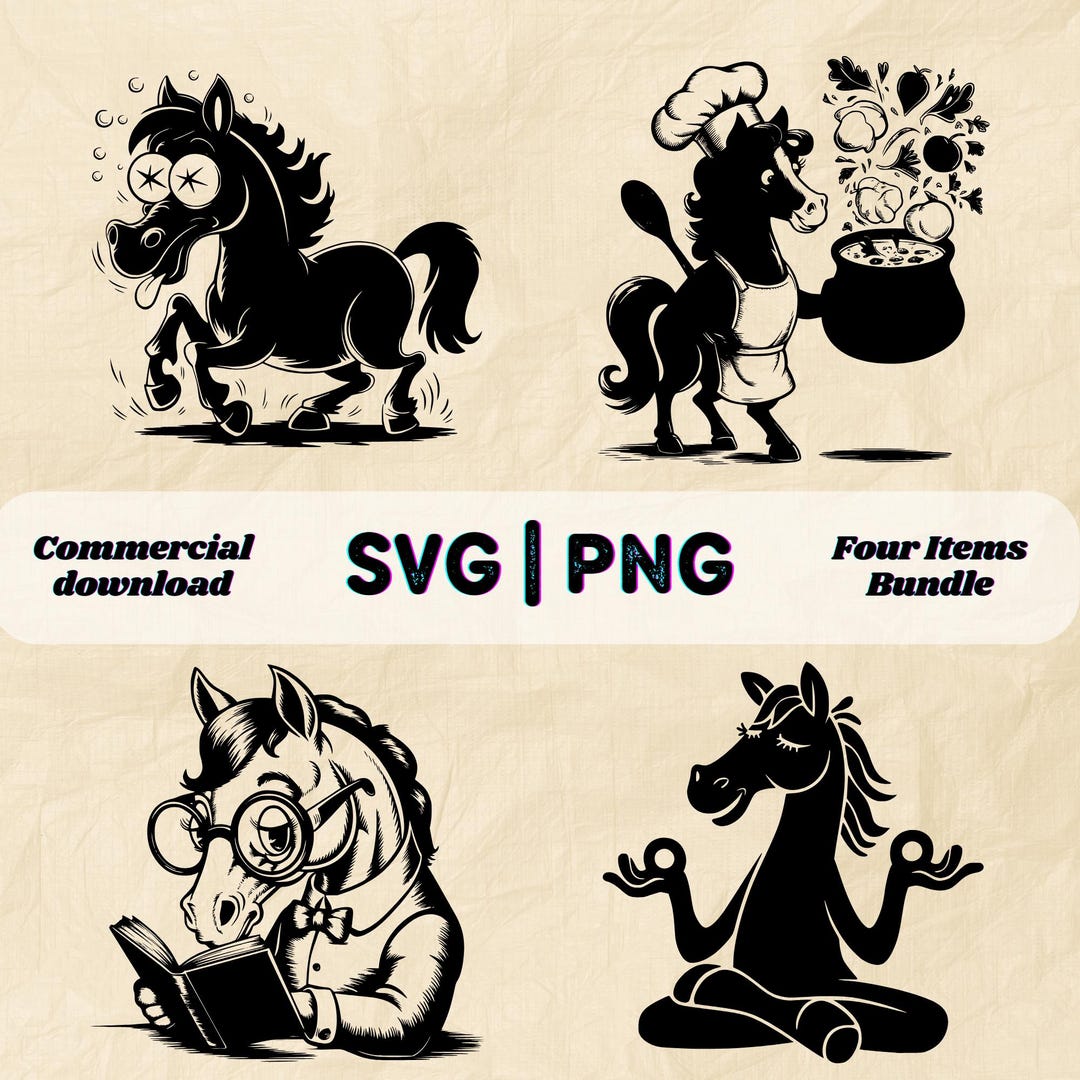 Funny Horse SVG Bundle, Horse PNG, Cartoon Horse Clipart, Horse ...